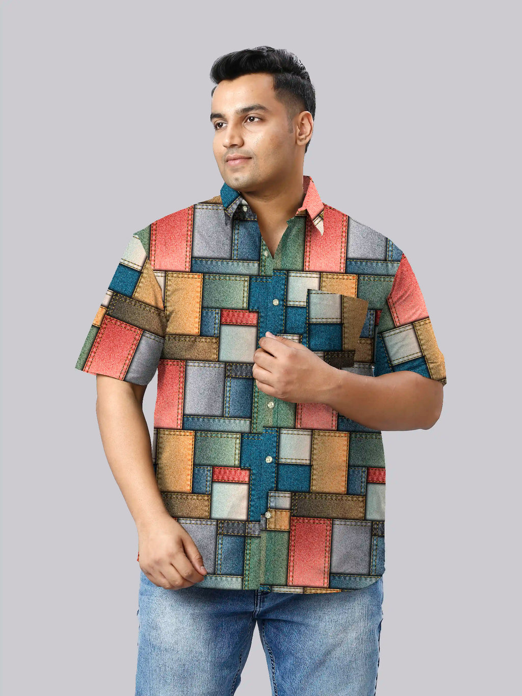 Buy Digital Denim Printed Men Plus Size Half Sleeve Shirt | Guniaa