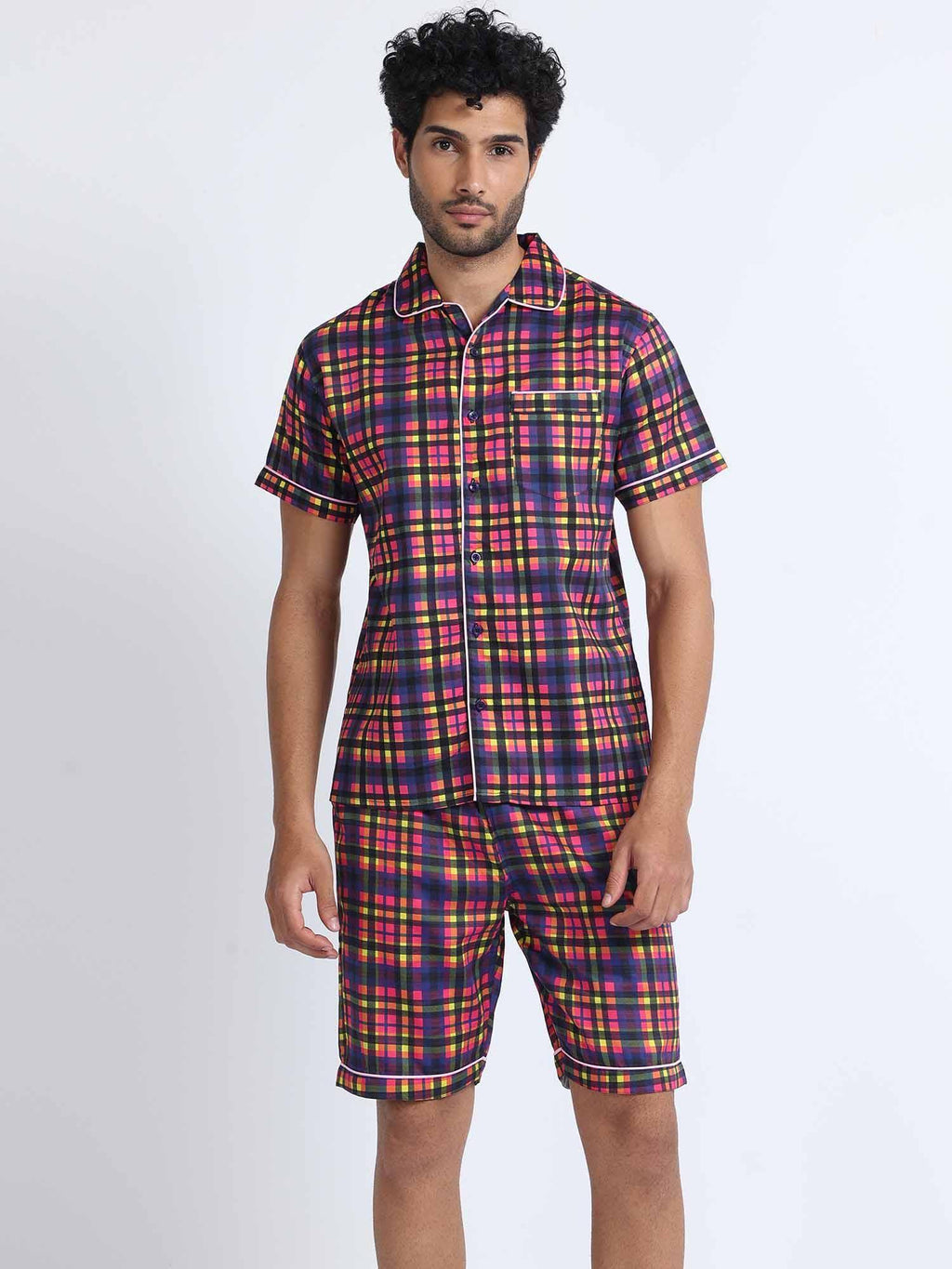 Buy Bright Checks Digital Printed Half Sleeve Co-Ords Online - Guniaa