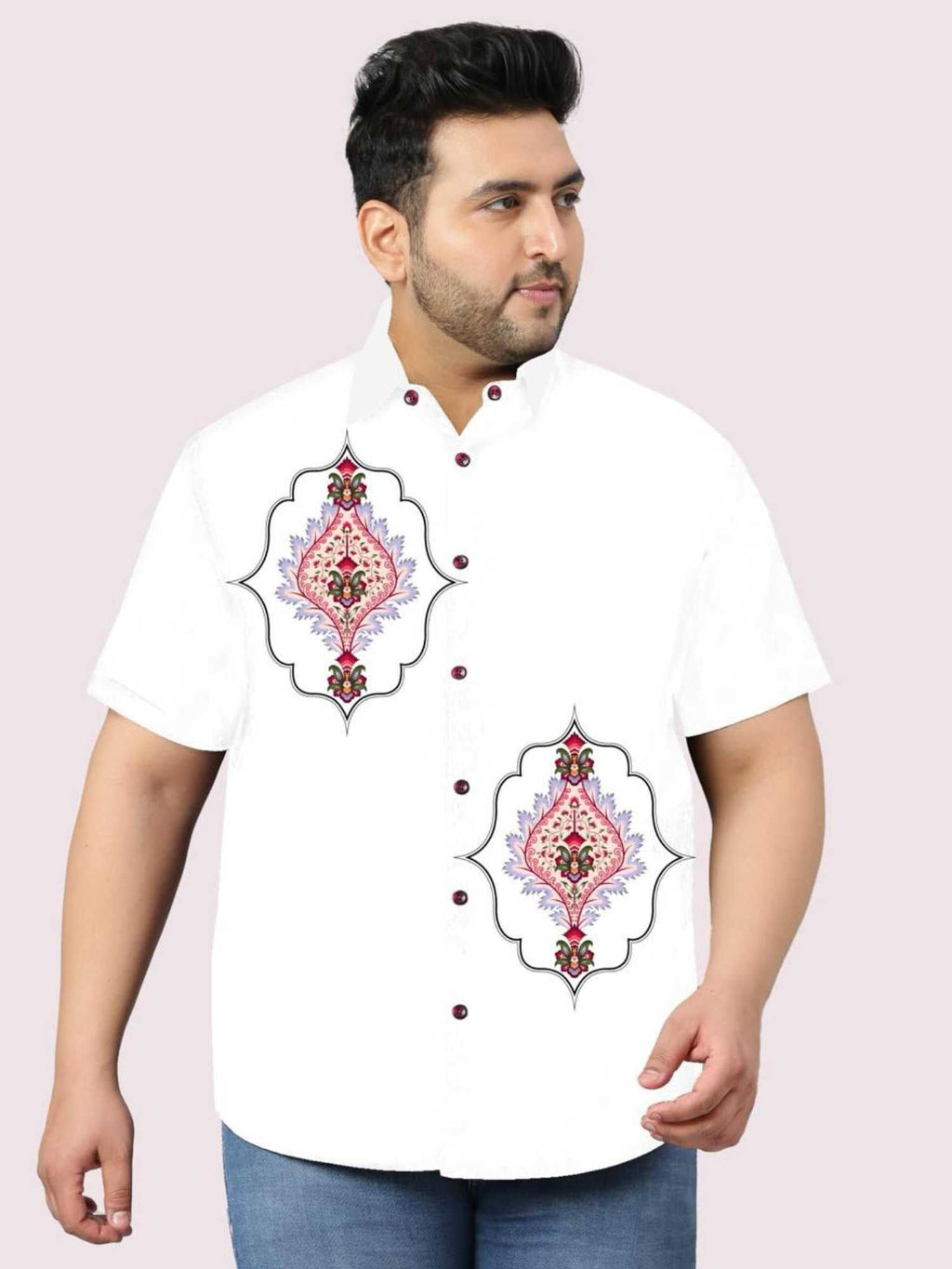 Buy Motif Design Printed White Half Shirt Online | Guniaa