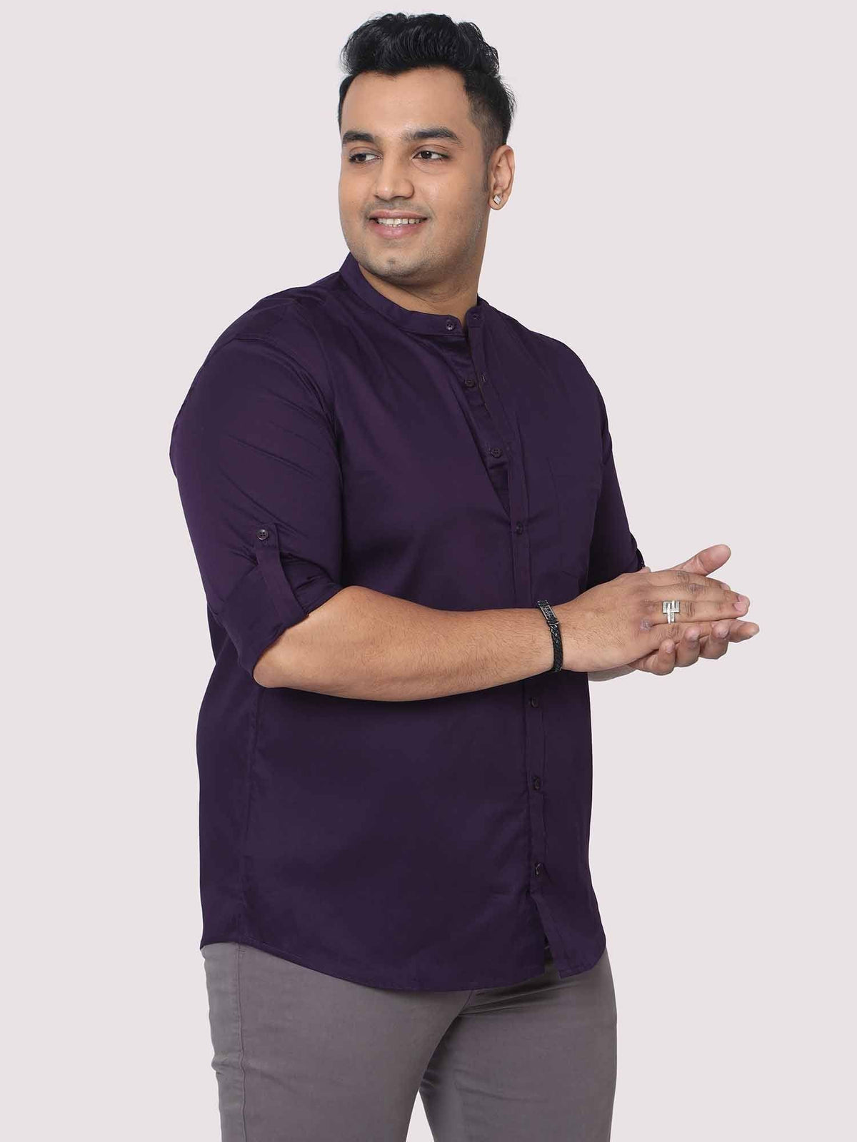 Buy Regal Purple Mandarin Collar Men's Plus Size Cotton Full Shirt - Guniaa